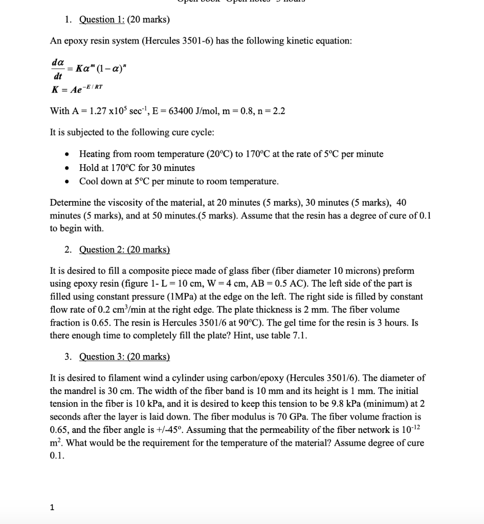 1. Question 1: (20 marks) An epoxy resin system | Chegg.com