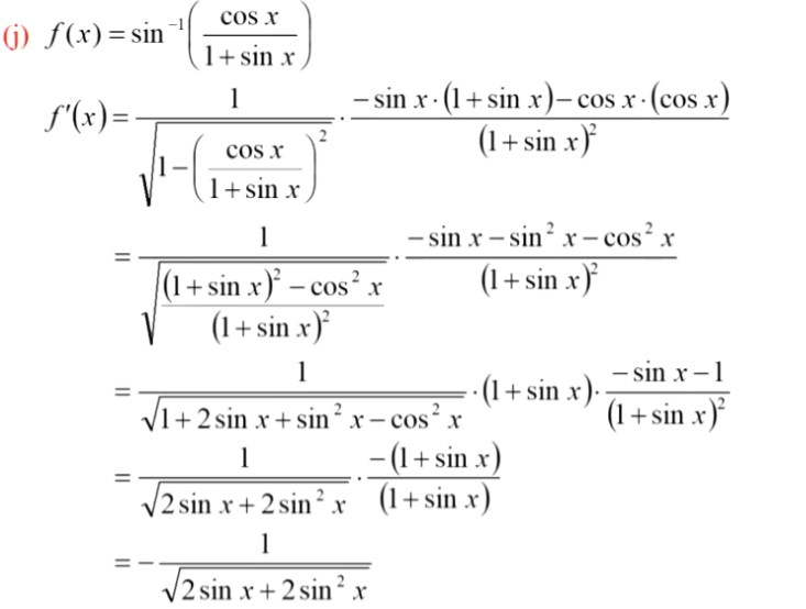 Solved f(x)f′(x)=sin−1(1+sinxcosx)=1−(1+sinxcosx)21⋅(1+sinx) | Chegg.com