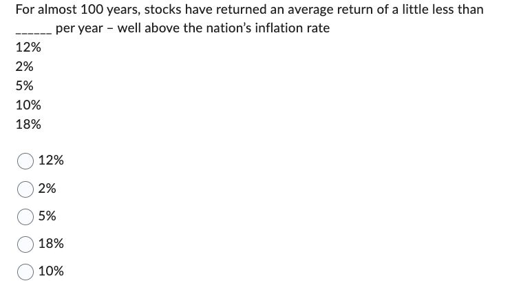 Solved For almost 100 ﻿years, stocks have returned an | Chegg.com