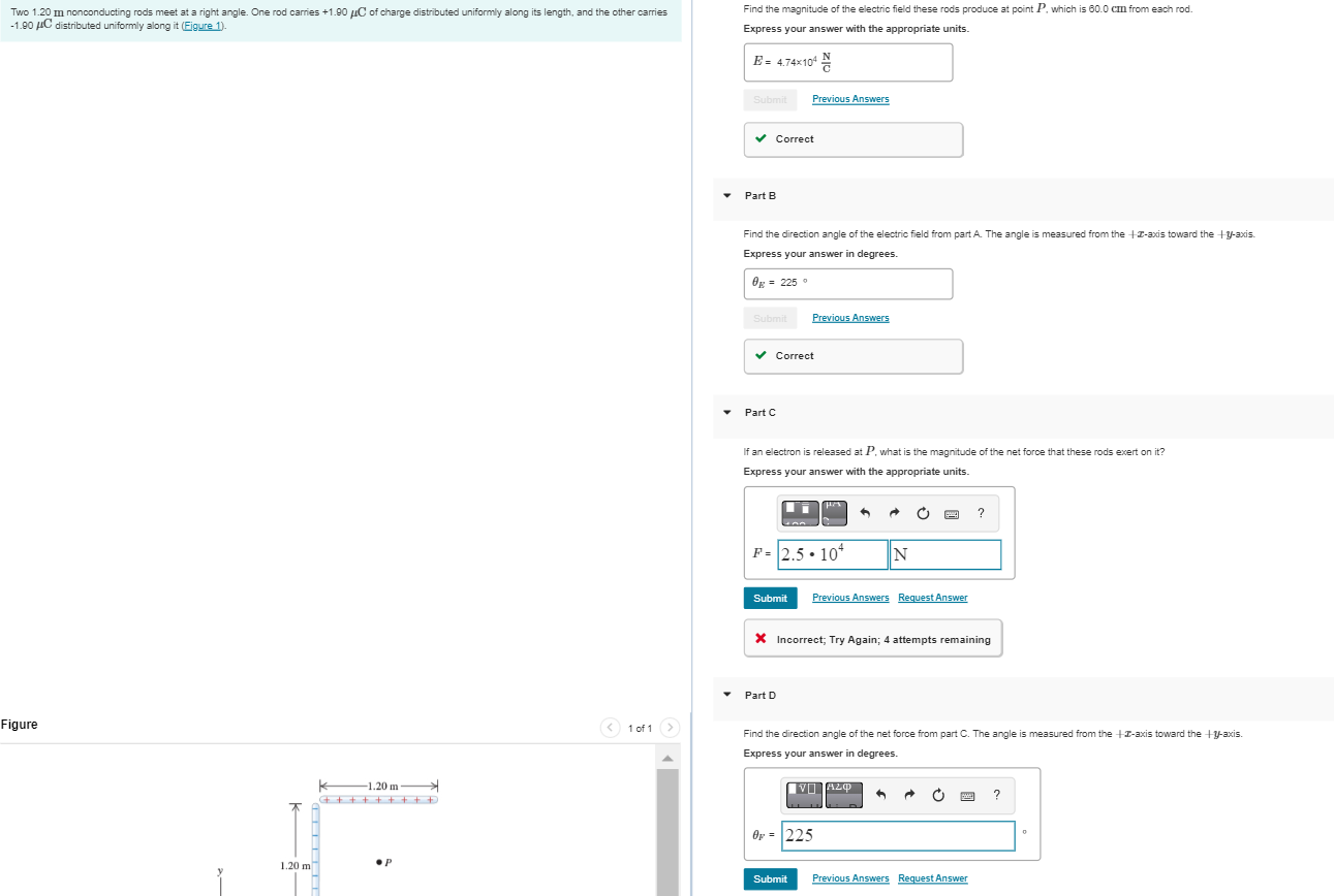 Solved Two 1.20 m nonconducting rods meet at a right angle. | Chegg.com