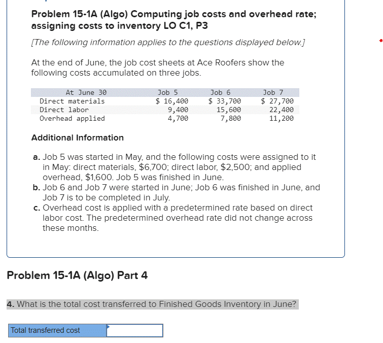Solved Problem 15-1A (Algo) Computing job costs and overhead | Chegg.com
