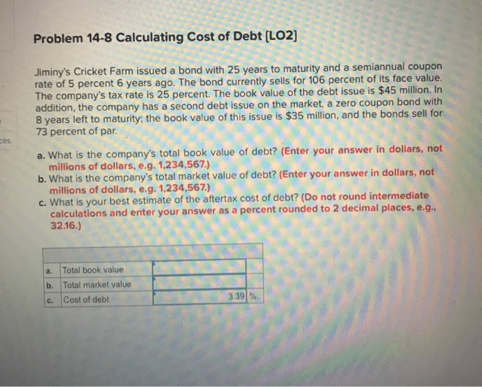 Solved Problem 14-8 Calculating Cost of Debt [LO2] Jiminy's | Chegg.com