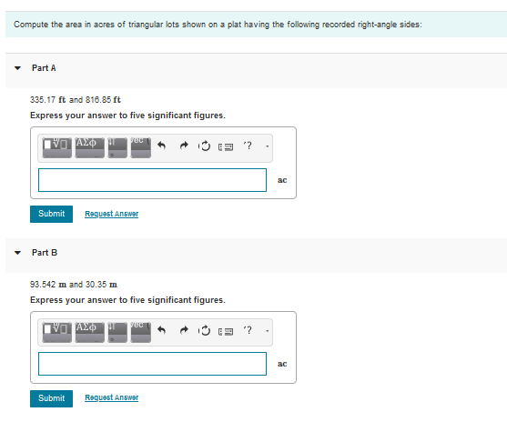 Solved Compute the area in acres of triangular lots shown on | Chegg.com