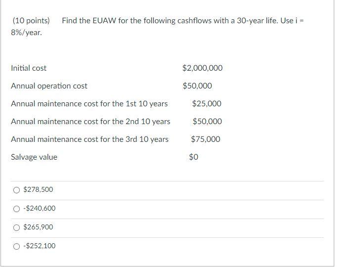 Solved Find the EUAW for the following cashflows with a | Chegg.com