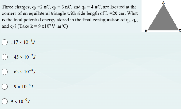 Solved Three charges, q1=2nC,q2=3nC, and q3=4nC, are located | Chegg.com