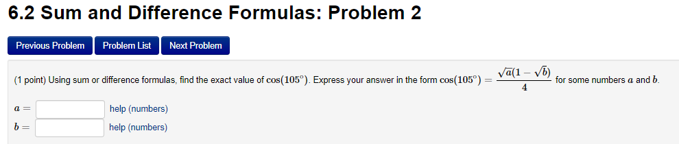 Solved 6.2 Sum and Difference Formulas: Problem 2 Previous | Chegg.com