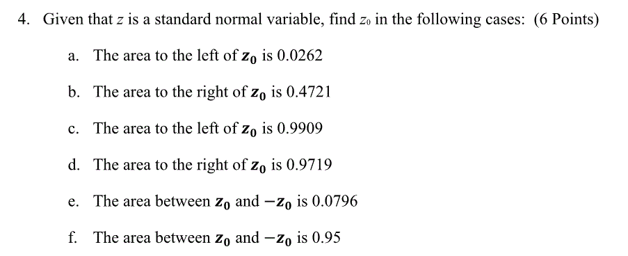 Solved 4. Given that z is a standard normal variable, find | Chegg.com
