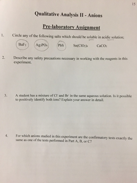 Solved 15 Qualitative Analysis II-Anions Pre-laboratory | Chegg.com