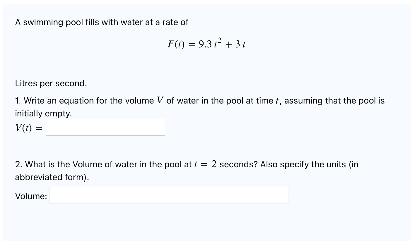 Solved A swimming pool fills with water at a rate of F(t) = | Chegg.com