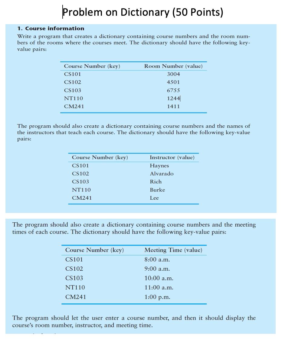 Solved Problem on Dictionary (50 Points) 1. Course | Chegg.com