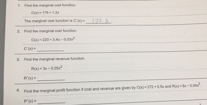Solved 1. Find the marginal cost function C(x)-176+1.2x The | Chegg.com