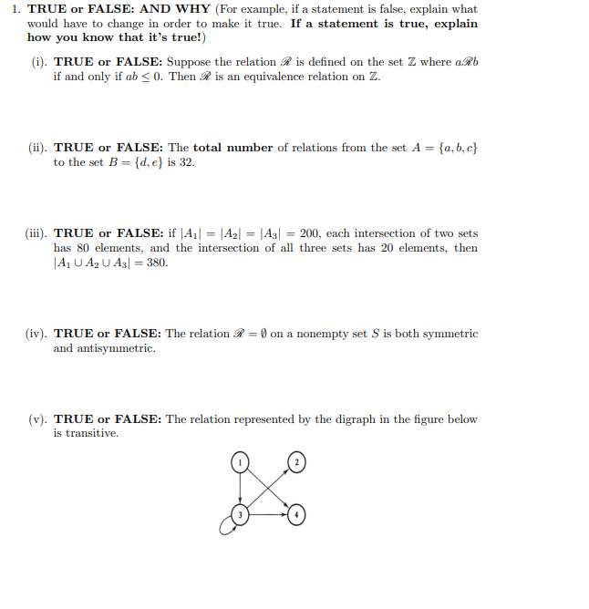 Solved (i). TRUE or FALSE: Suppose the relation R is defined | Chegg.com