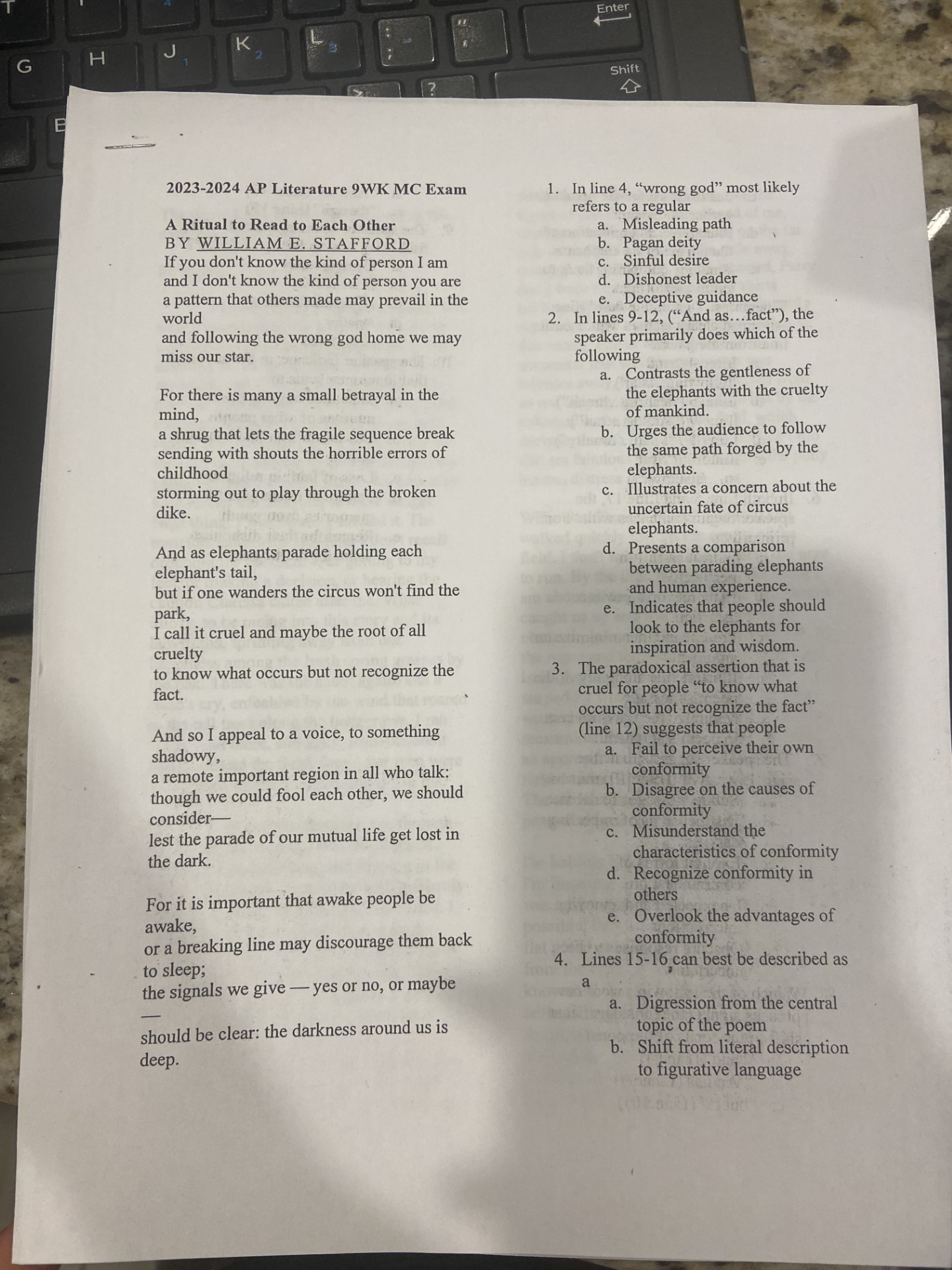 2023-2024 AP Literature 9WK MC Exam A Ritual to Read | Chegg.com