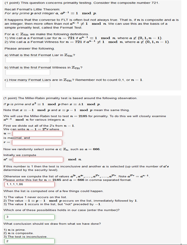 Solved (1 point) This question concerns primality testing. | Chegg.com