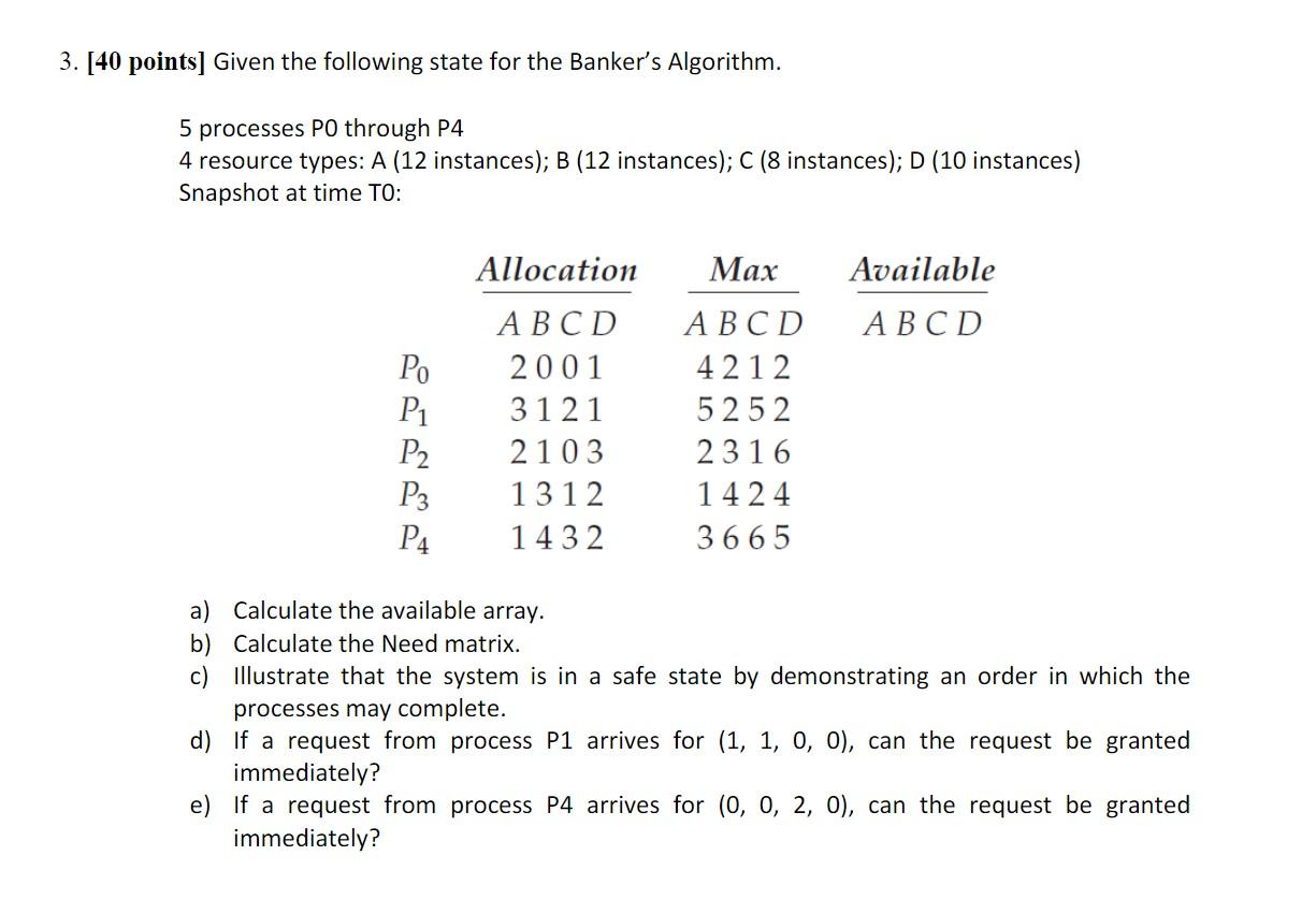 Solved 40 points] Given the following state for the Banker's | Chegg.com
