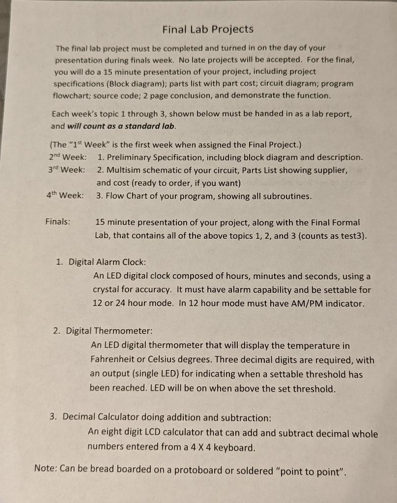 Final Lab Projects The final lab project must be | Chegg.com