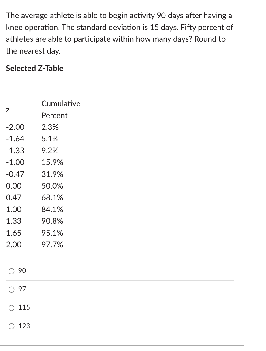 Solved The average athlete is able to begin activity 90 days | Chegg.com
