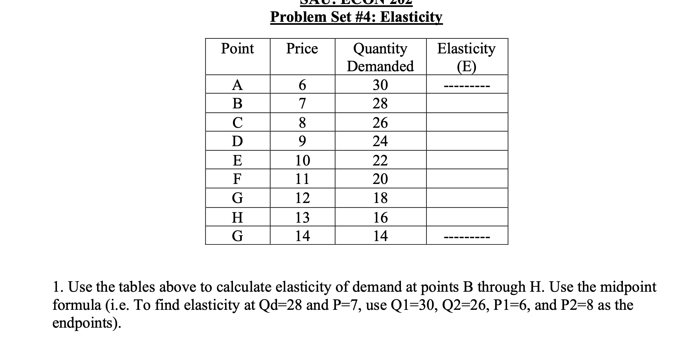 Solved Problem Set #4: Elasticity Point Price Elasticity (E) | Chegg.com