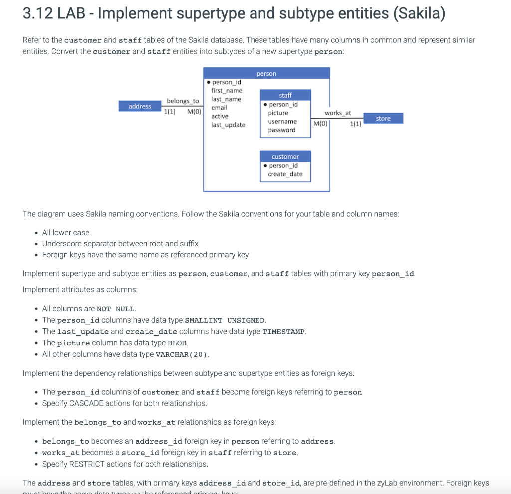 Solved 3.12 LAB - Implement supertype and subtype entities | Chegg.com