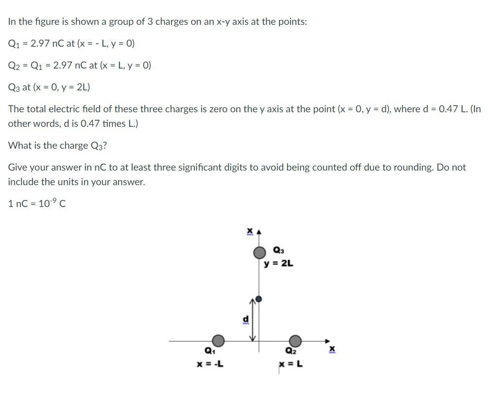Solved In the figure is shown a group of 3 charges on an x−y | Chegg.com