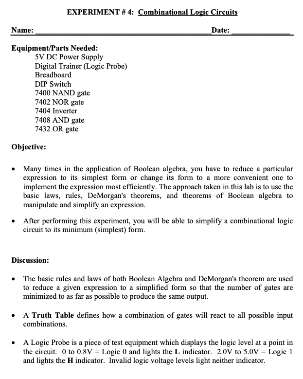 EXPERIMENT \# 4: Combinational Logic Circuits | Chegg.com