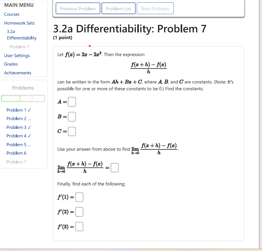 Solved 3.2a Differentiability: Problem 7 (1 point) | Chegg.com
