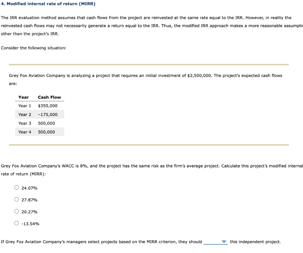 Solved 4. Modified internal rate of return (MIRR) The IRR | Chegg.com