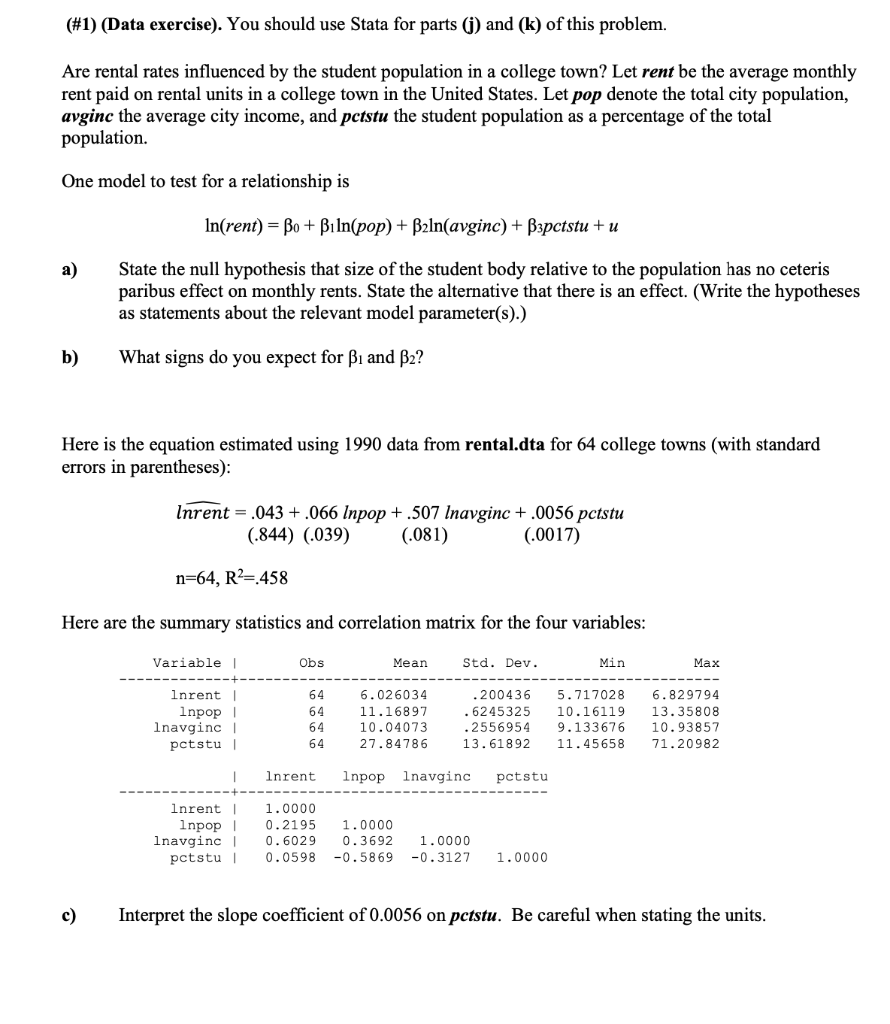 (#1) (Data exercise). You should use Stata for parts | Chegg.com