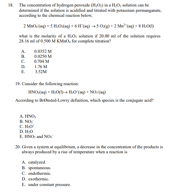 Solved 18. The concentration of hydrogen peroxide (H2O2) in | Chegg.com