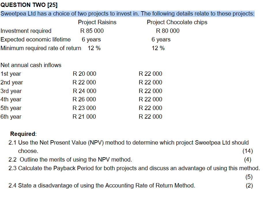 Solved QUESTION TWO [25] sweetpea Ltd has a choice of two | Chegg.com