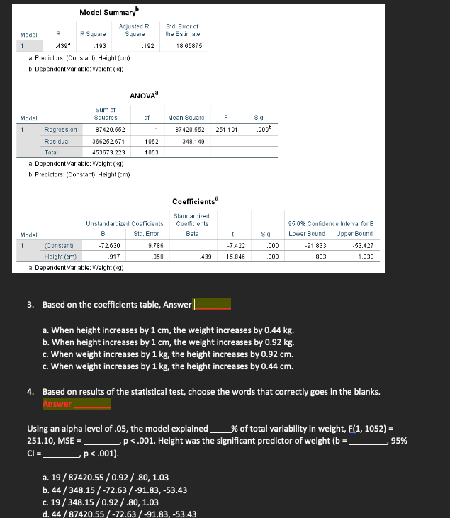 Solved Model Summary b a. Predictors: (Constant), Height | Chegg.com