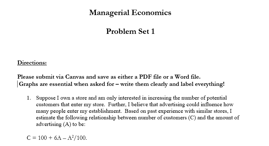 Solved Managerial Economics Problem Set 1 Directions: Please | Chegg.com