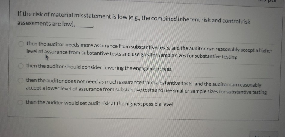 Solved If the risk of material misstatement is low (e.g., | Chegg.com