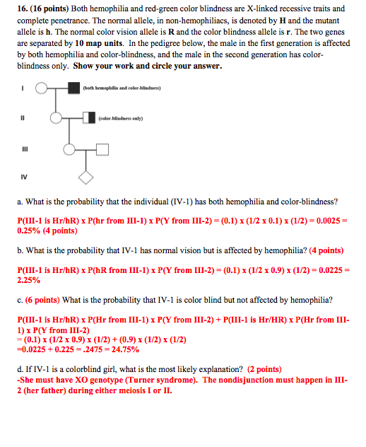 Solved 16. (16 points) Both hemophilia and red-green color | Chegg.com