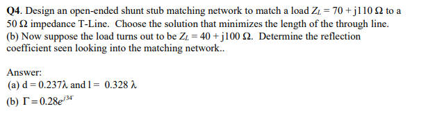 Solved Q4. Design an open-ended shunt stub matching network | Chegg.com