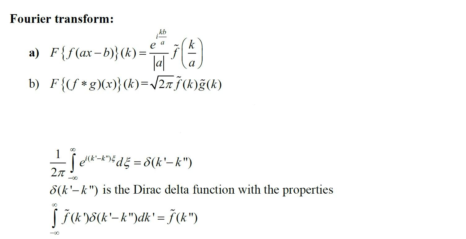 Fourier transform: a) F{f(ax−b)}(k)=∣a∣eiakbf~(ak) b) | Chegg.com