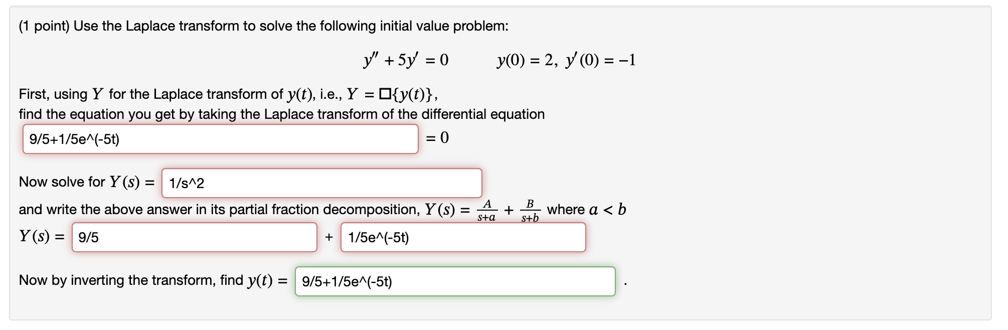 Solved (1 point) Use the Laplace transform to solve the | Chegg.com