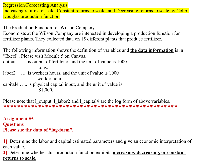Solved Regression/Forecasting Analysis Increasing returns to | Chegg.com