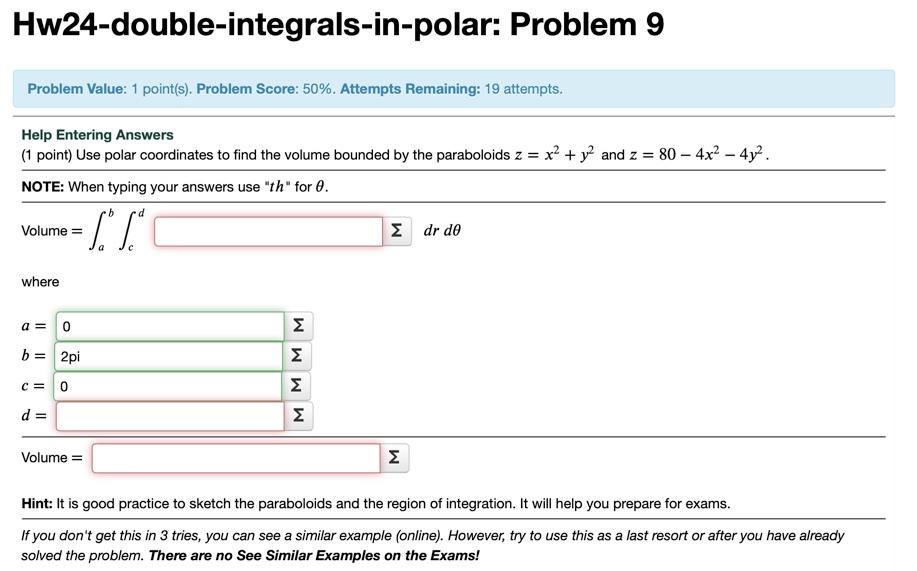 Solved Hw24-double-integrals-in-polar: Problem 9 Problem | Chegg.com