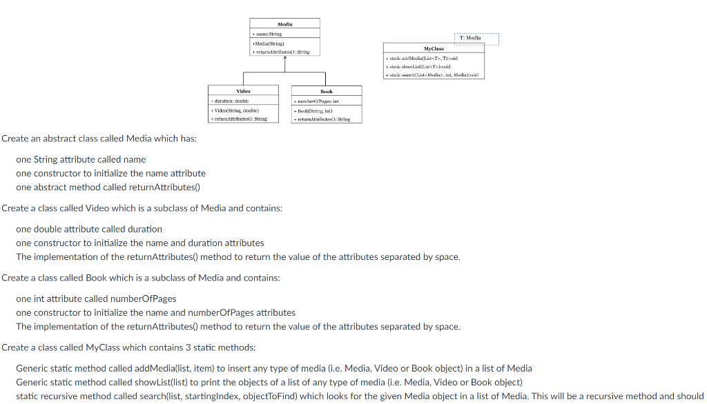Solved Create an abstract class called Media which has: one | Chegg.com