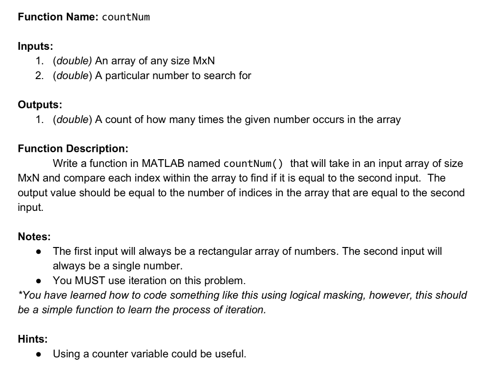 Solved Function Name: countNunm Inputs: 1. (double) An array | Chegg.com