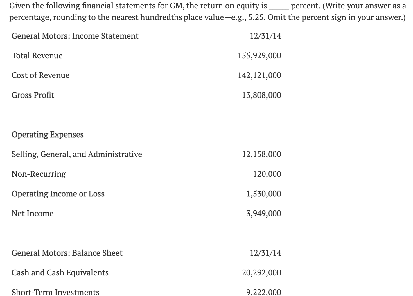 Solved Given the following financial statements for GM, the | Chegg.com