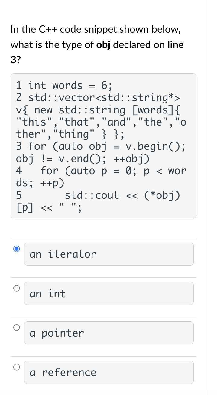 Solved 1 int words =6; 2 std: :vector v{ | Chegg.com