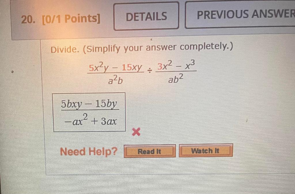 Solved Divide. (Simplify your answer completely.) 5x2y − | Chegg.com