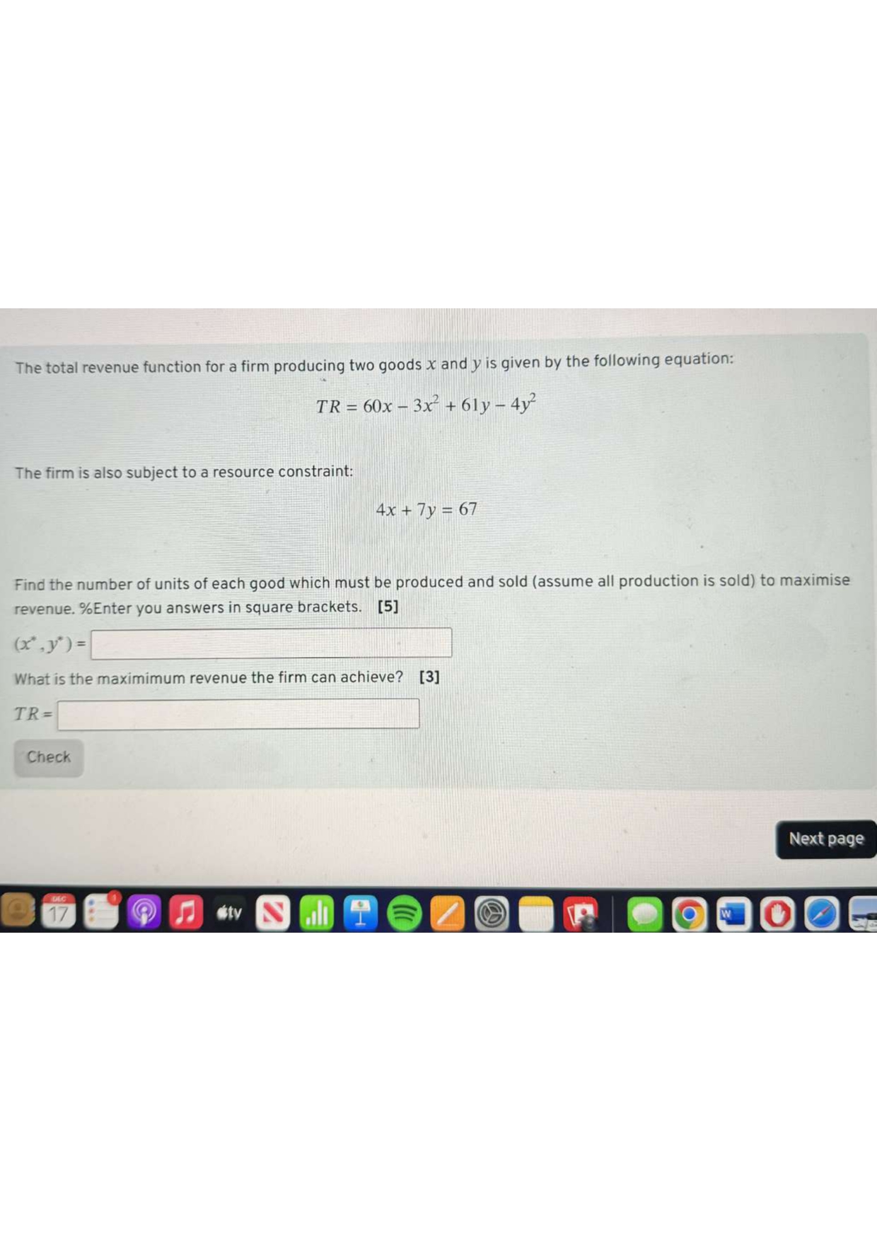 Solved The total revenue function for a firm producing two | Chegg.com