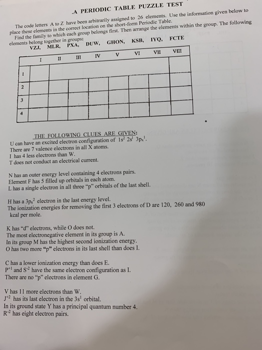 Solved A PERIODIC TABLE PUZZLE TEST place these elements in | Chegg.com