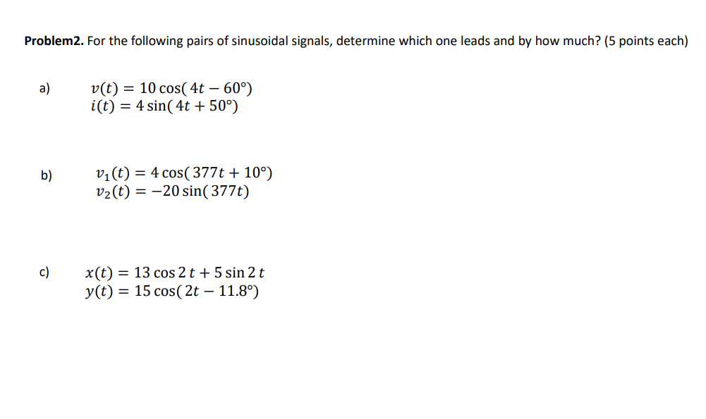 Solved Problem2 For The Following Pairs Of Sinusoidal