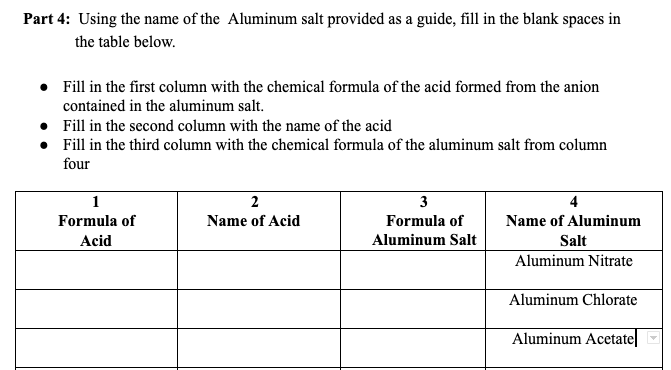 Solved Part 4: Using the name of the Aluminum salt provided | Chegg.com