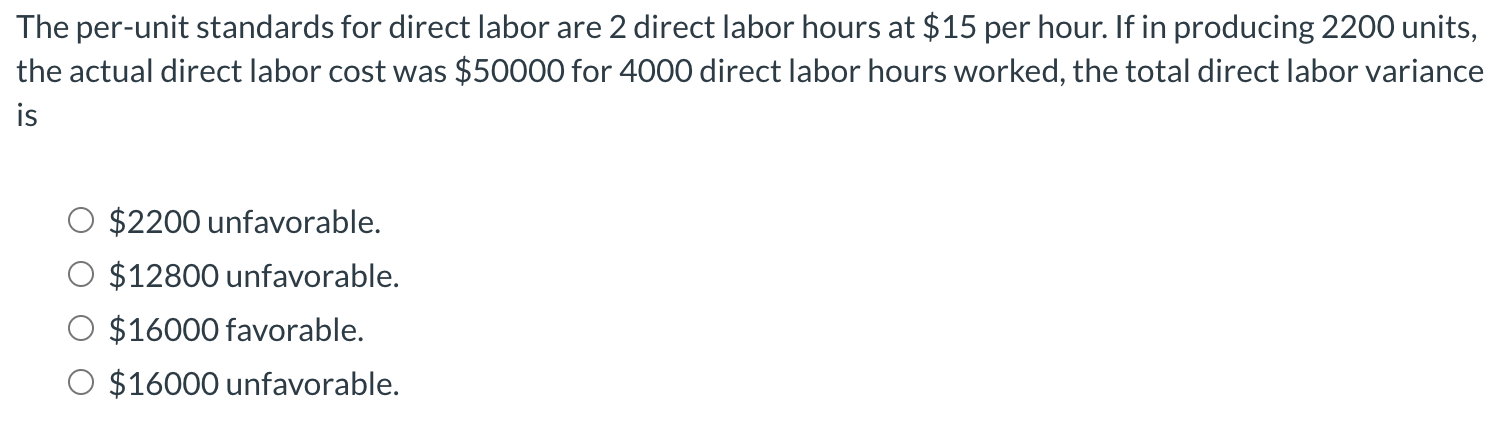 Solved The per-unit standards for direct labor are 2 direct | Chegg.com