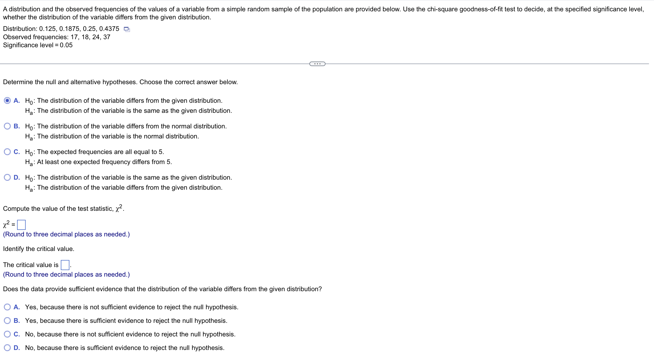 Solved whether the distribution of the variable differs from | Chegg.com